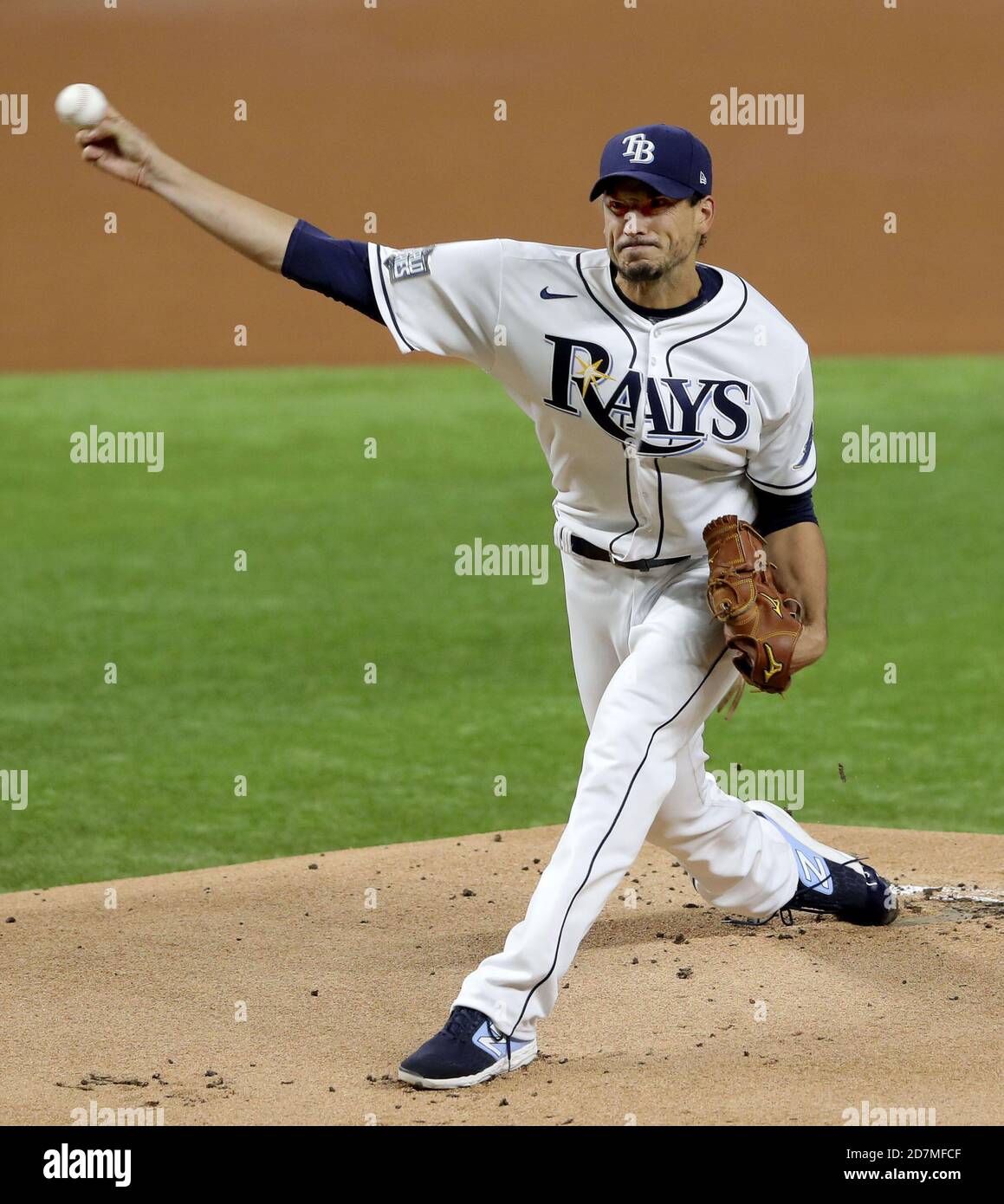 Charlie Morton of the Tampa Bay Rays pitches in Game 3 of the World ...