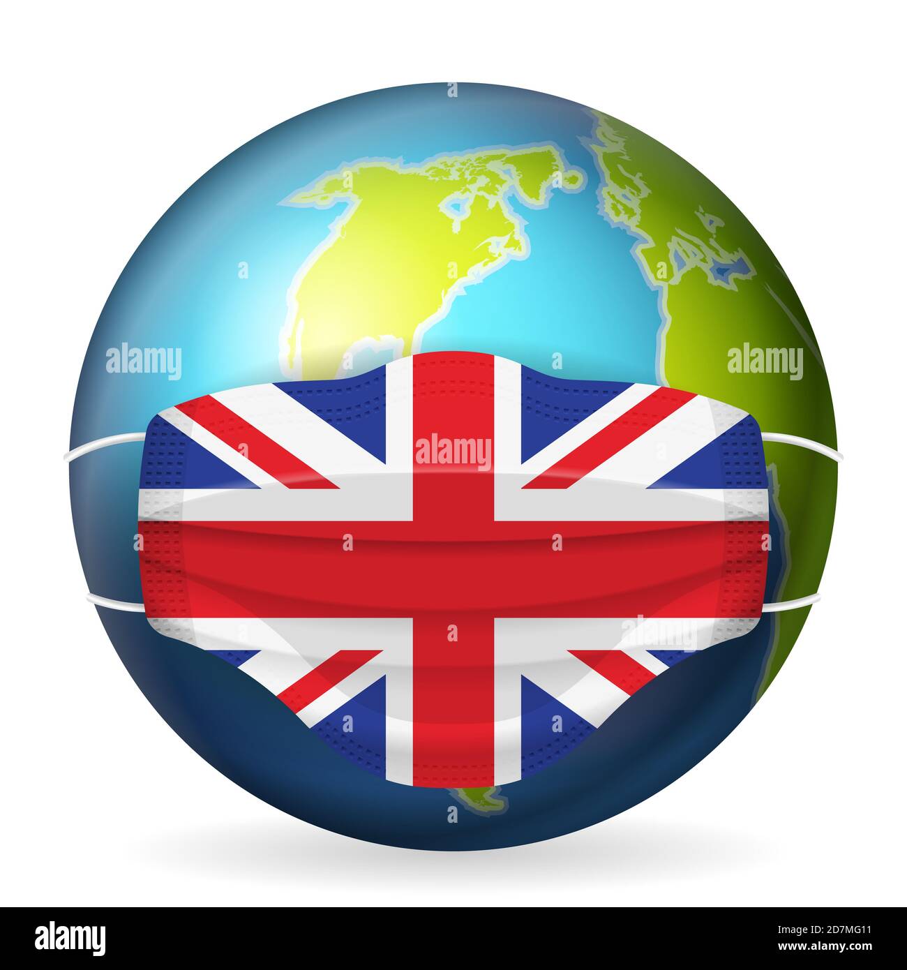 World globe with medical mask UK flag on a white background. Vector ...