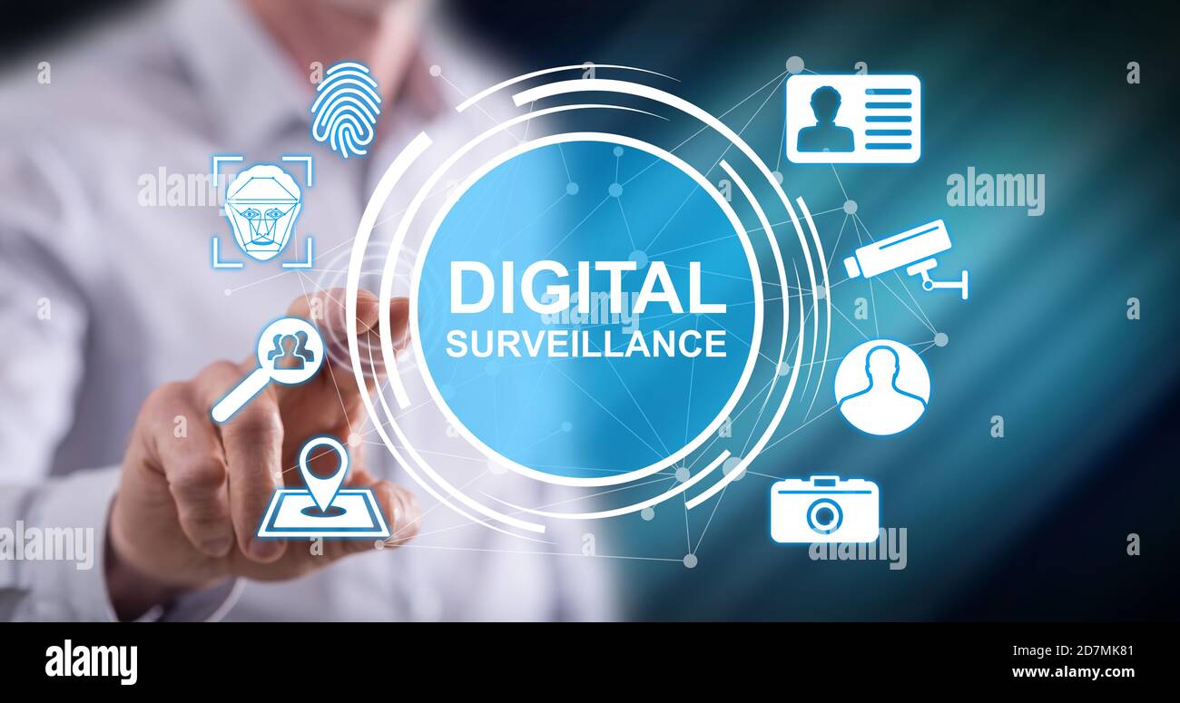 Man touching a digital surveillance concept on a touch screen with his ...