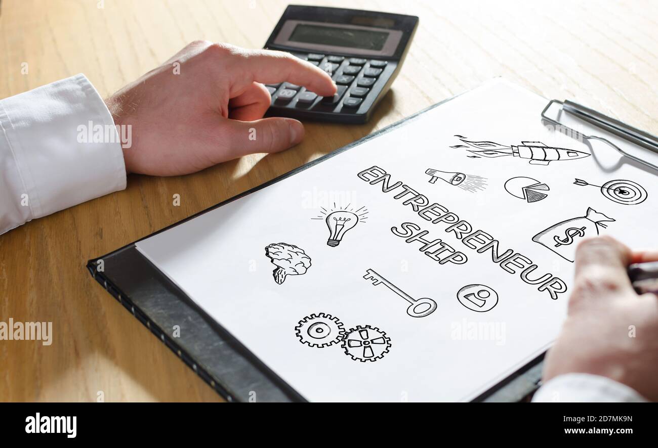 Entrepreneurship concept with hand using a calculator Stock Photo - Alamy