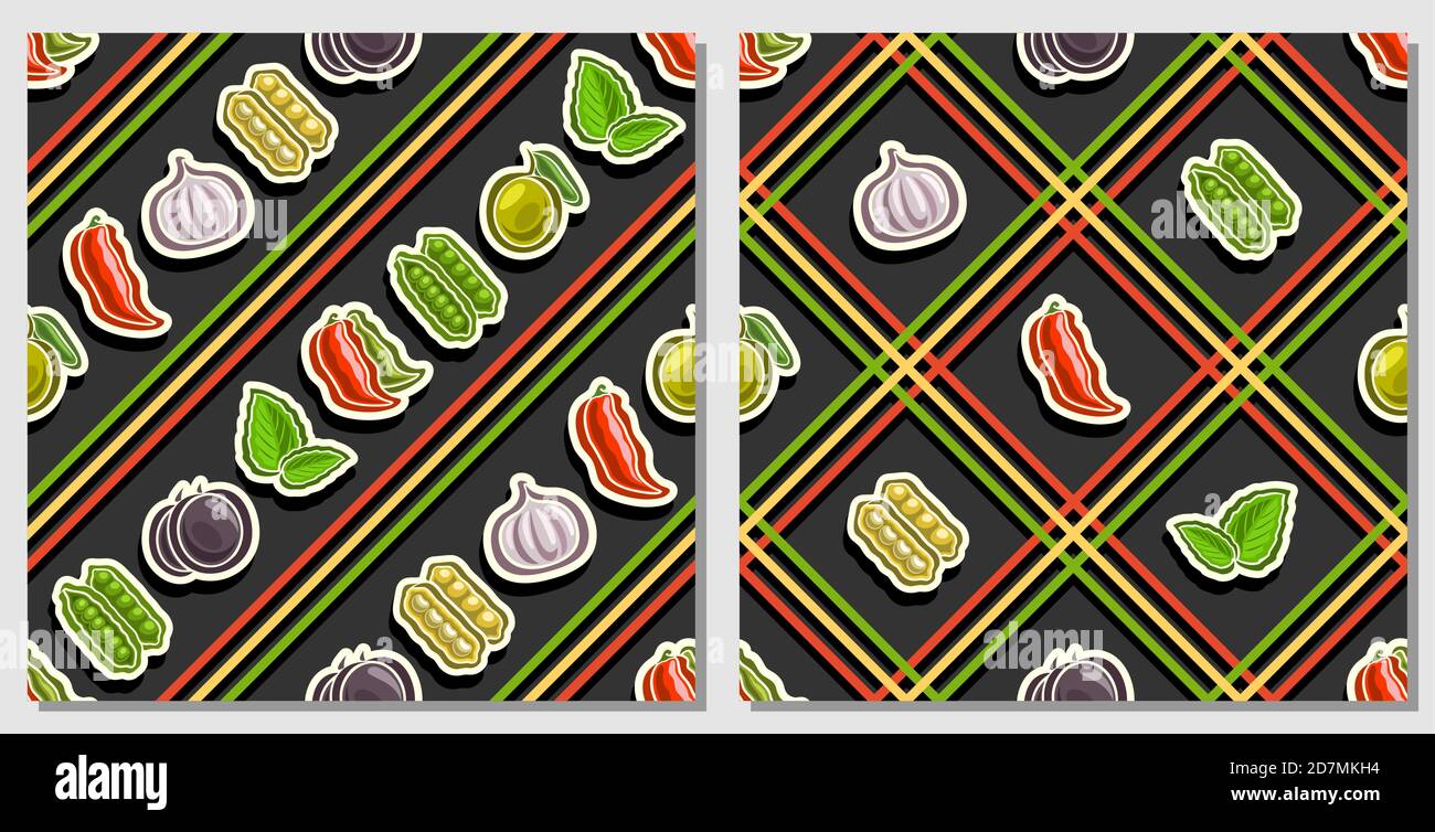 Vector Vegetable Seamless Patterns, 2 square repeating veggie backgrounds, set of isolated ...
