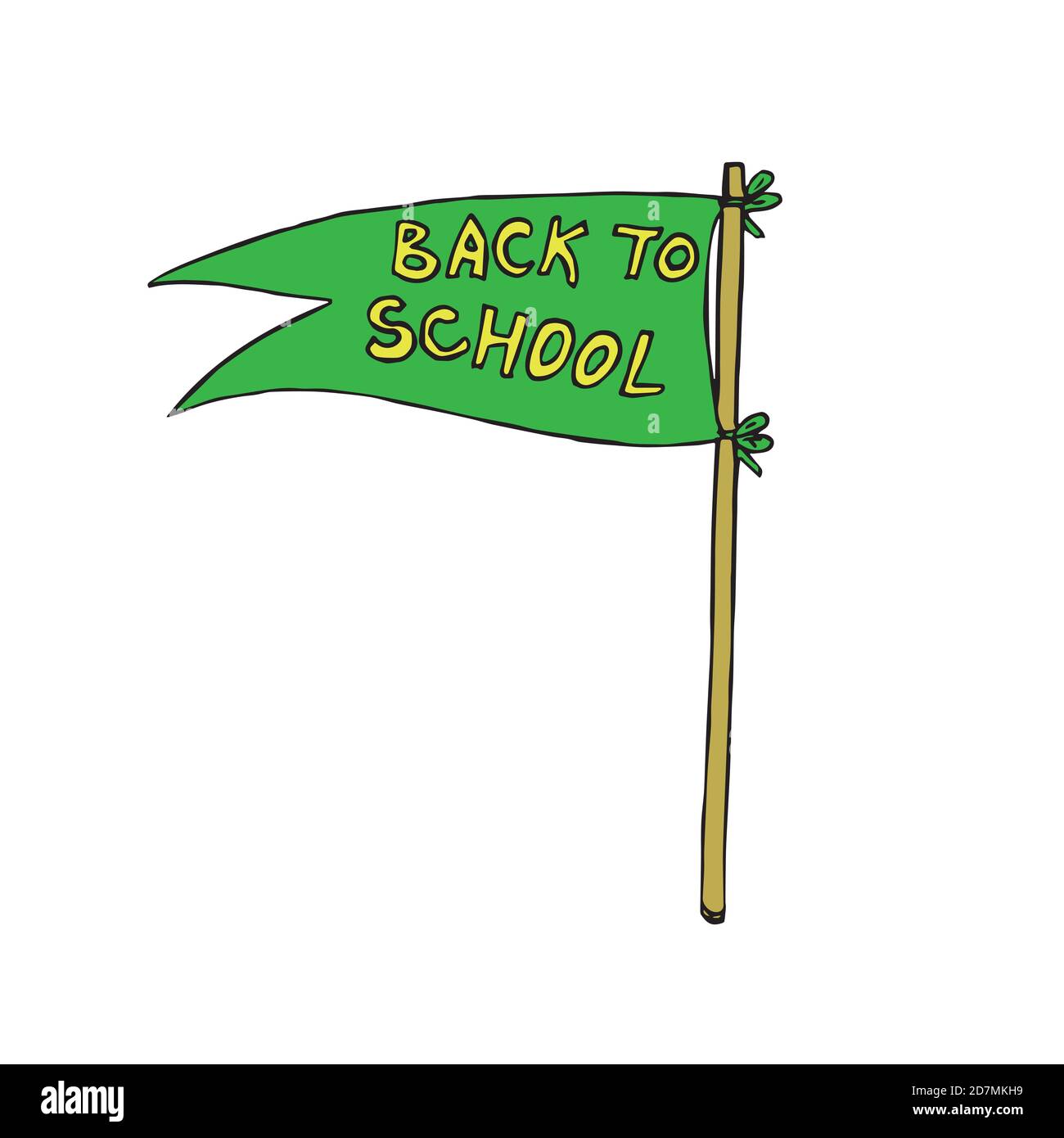 Green flag with yellow inscription back to school, hand drawn doodle ...