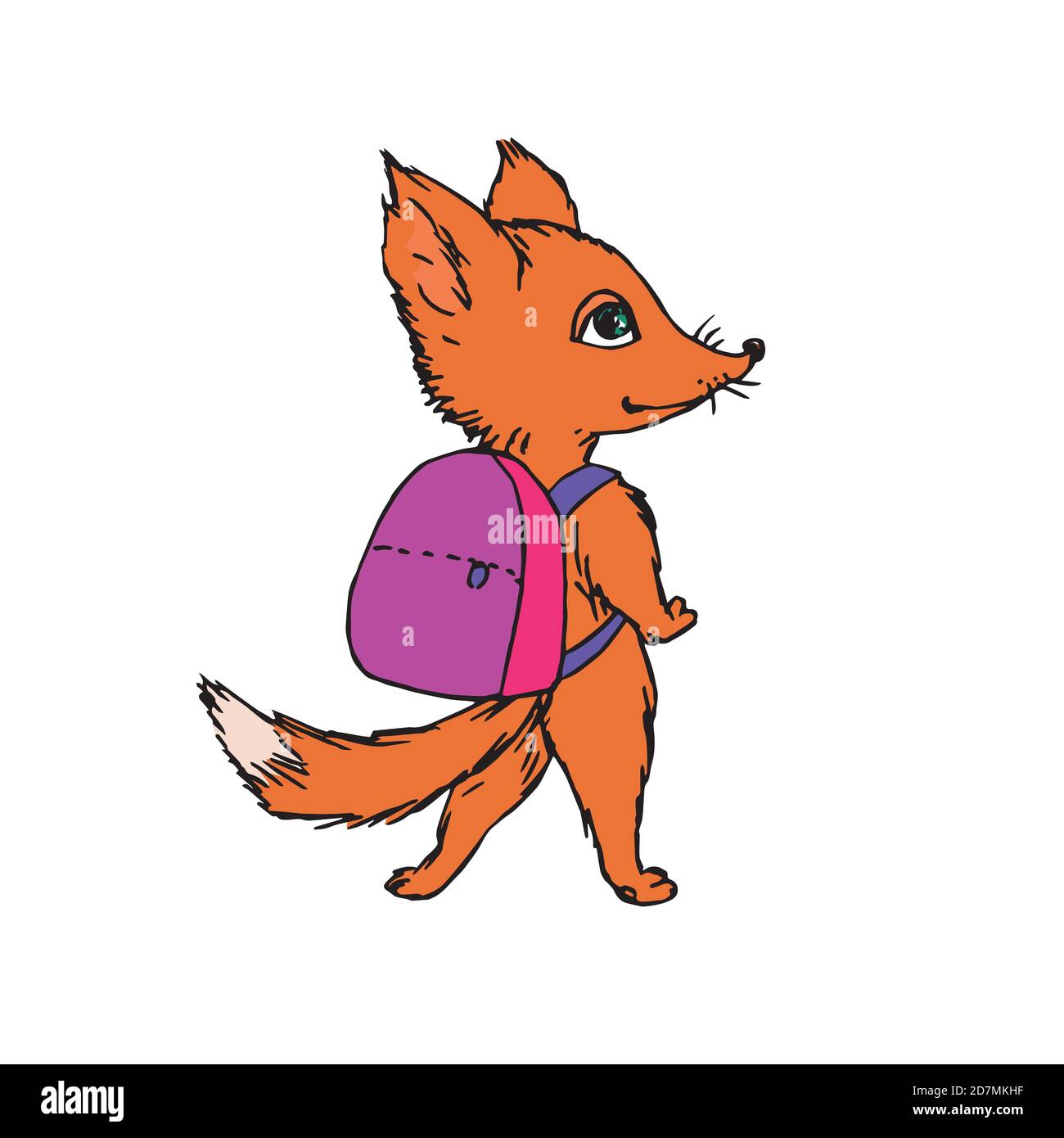 Red fox with school bag on shoulders, hand drawn doodle, sketch, color ...