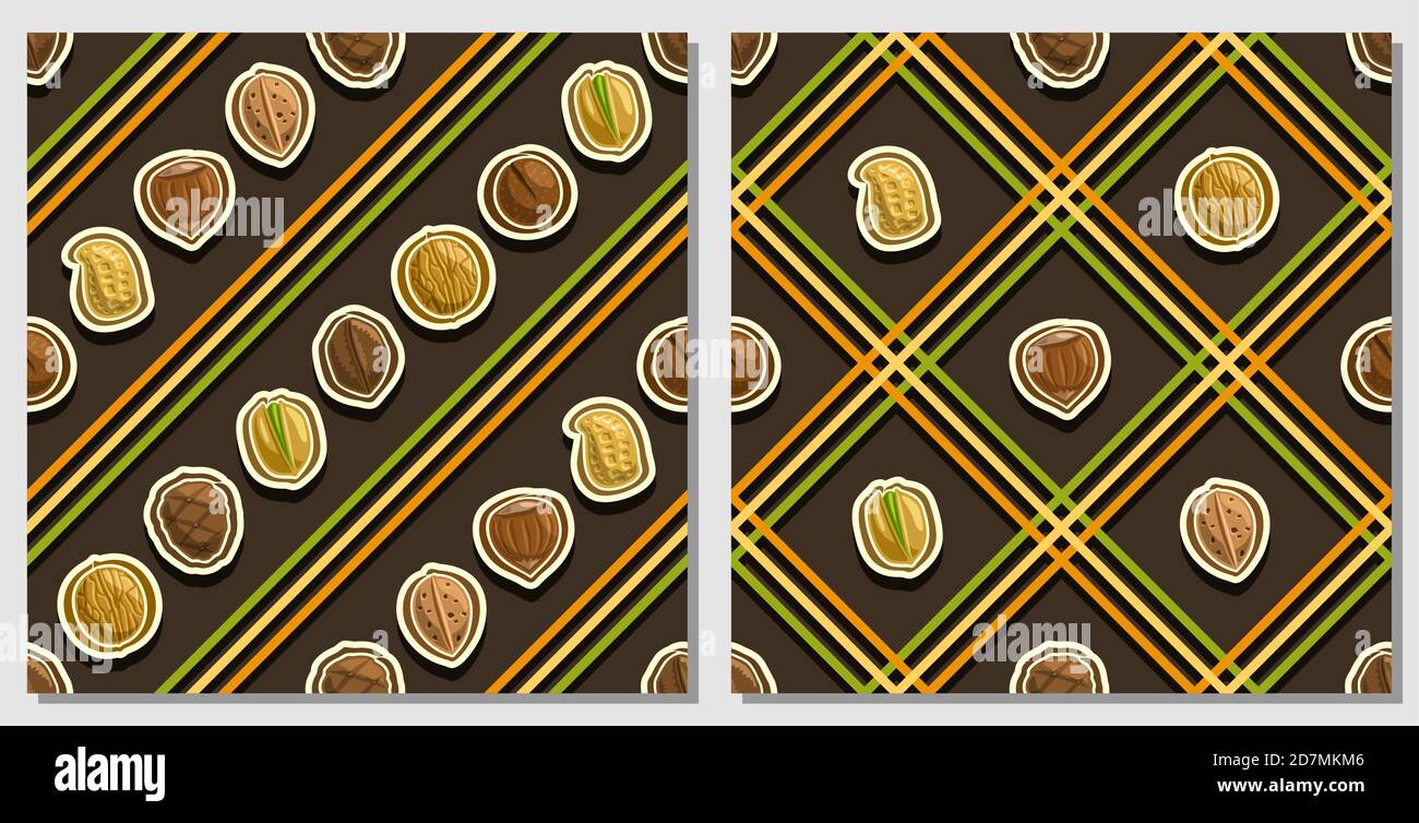 Vector Nut Seamless Patterns, 2 square repeating nut backgrounds, set ...