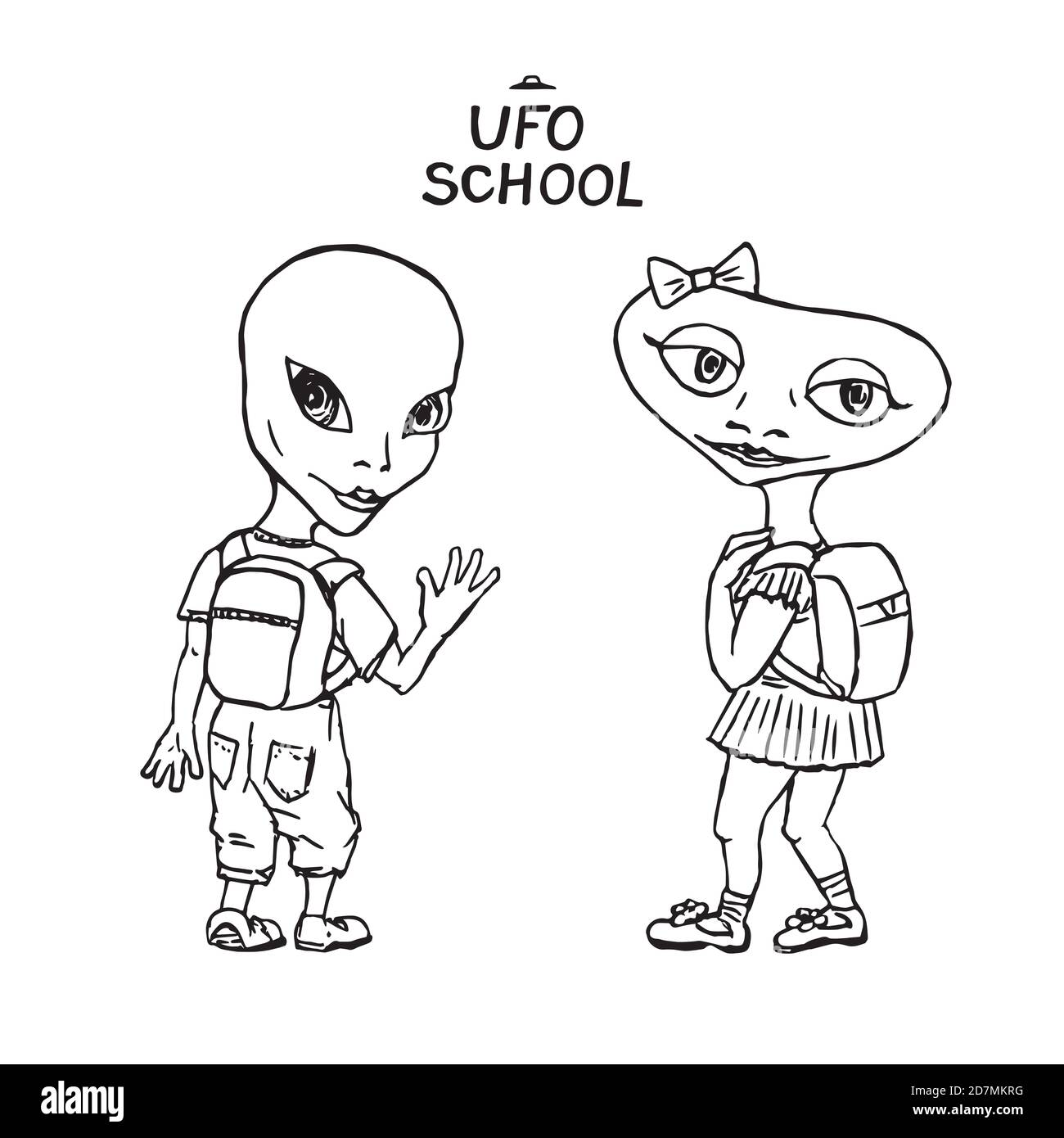 Alien humanoid girl and boy going to school with bags on shoulders ...