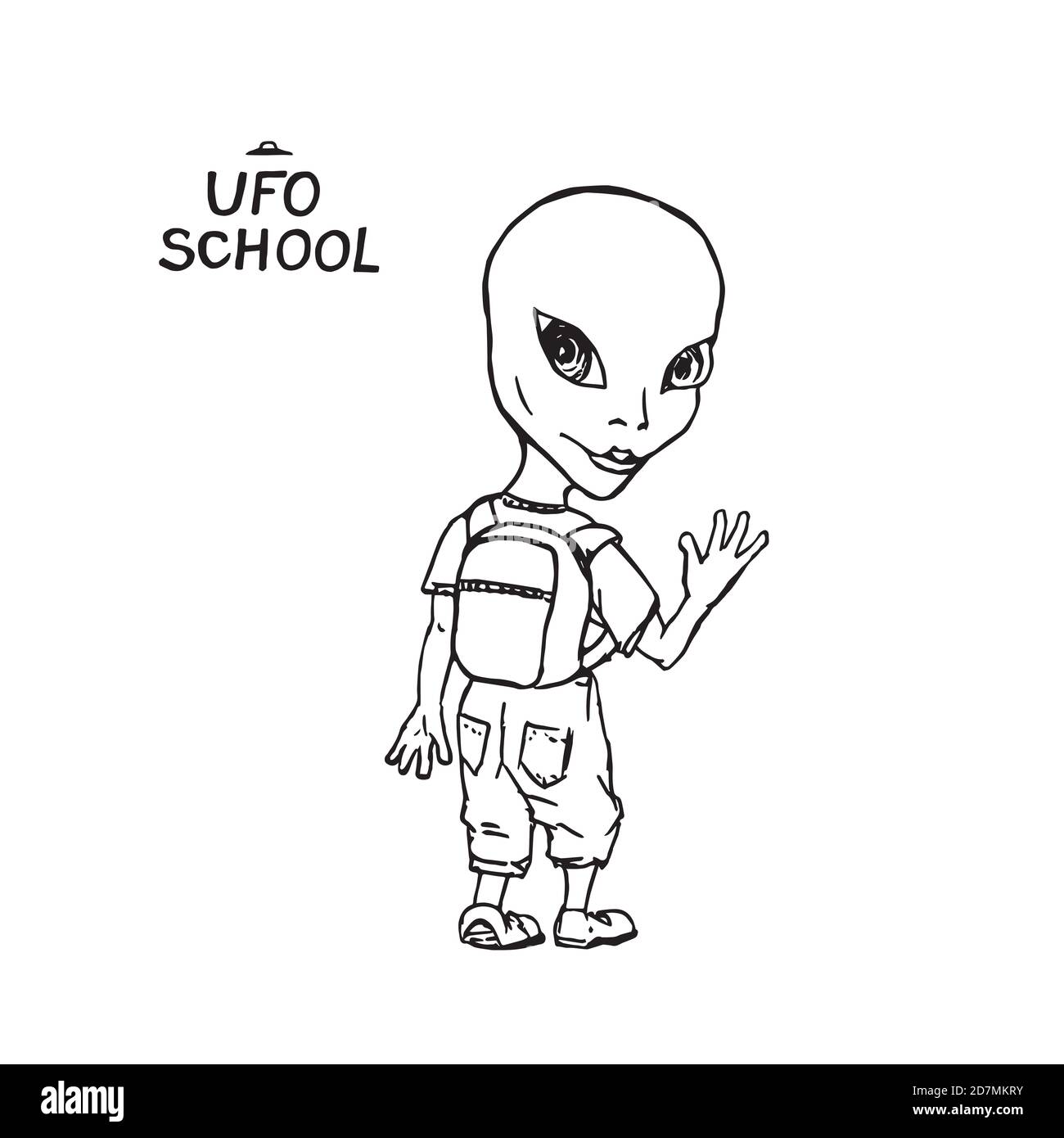 Alien humanoid boy going to school with bag on shoulders, hand drawn ...