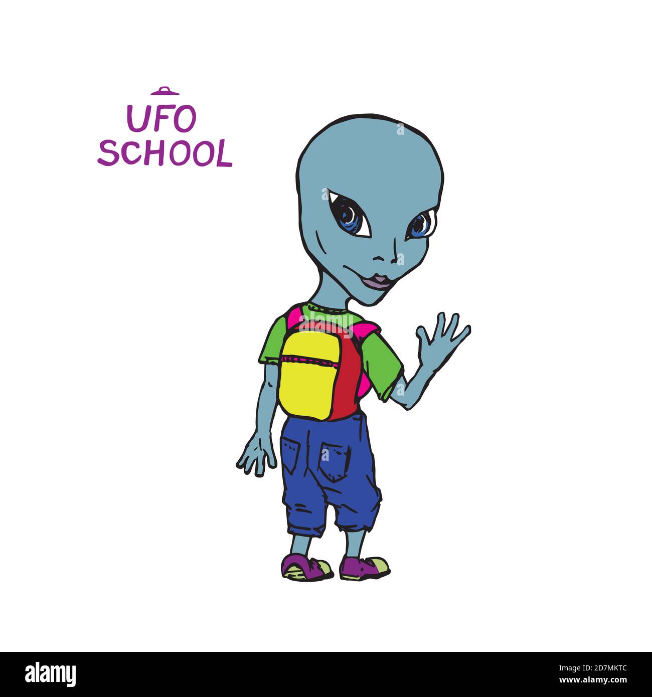 Blue-gray alien humanoid boy going to school with colorful bag on ...