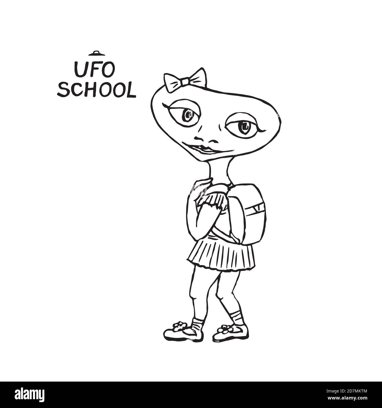Alien humanoid girl going to school with bag on shoulders, hand drawn ...