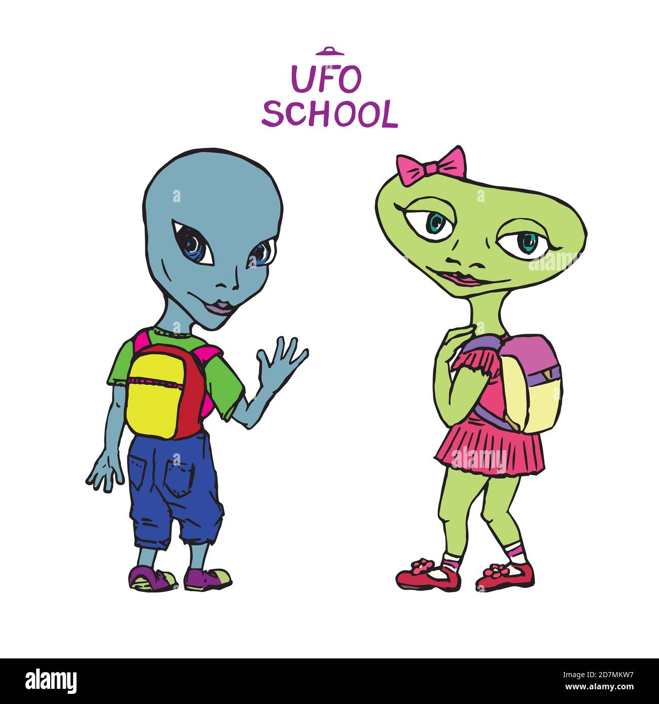 Alien humanoid girl and boy going to school with colorful bags on ...