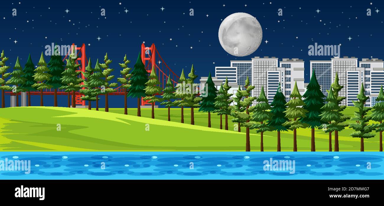 City with nature park landscape at night scene illustration Stock ...