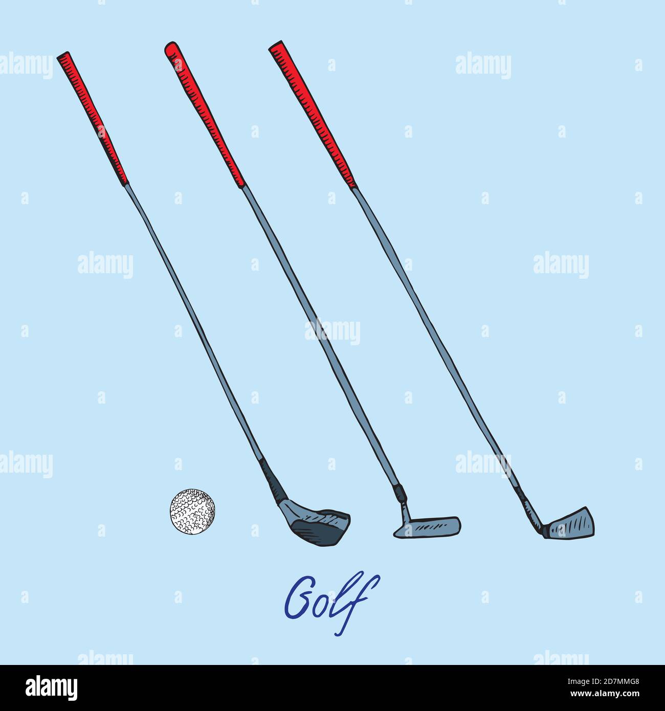 Different golf clubs putters (wood, putter, wedge) and ball, hand drawn ...