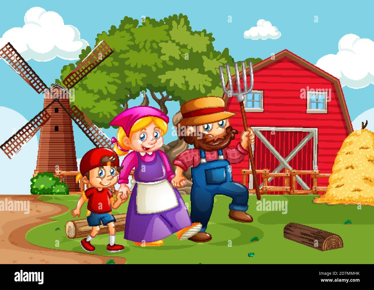 Happy family in farm scene in cartoon style illustration Stock Vector ...