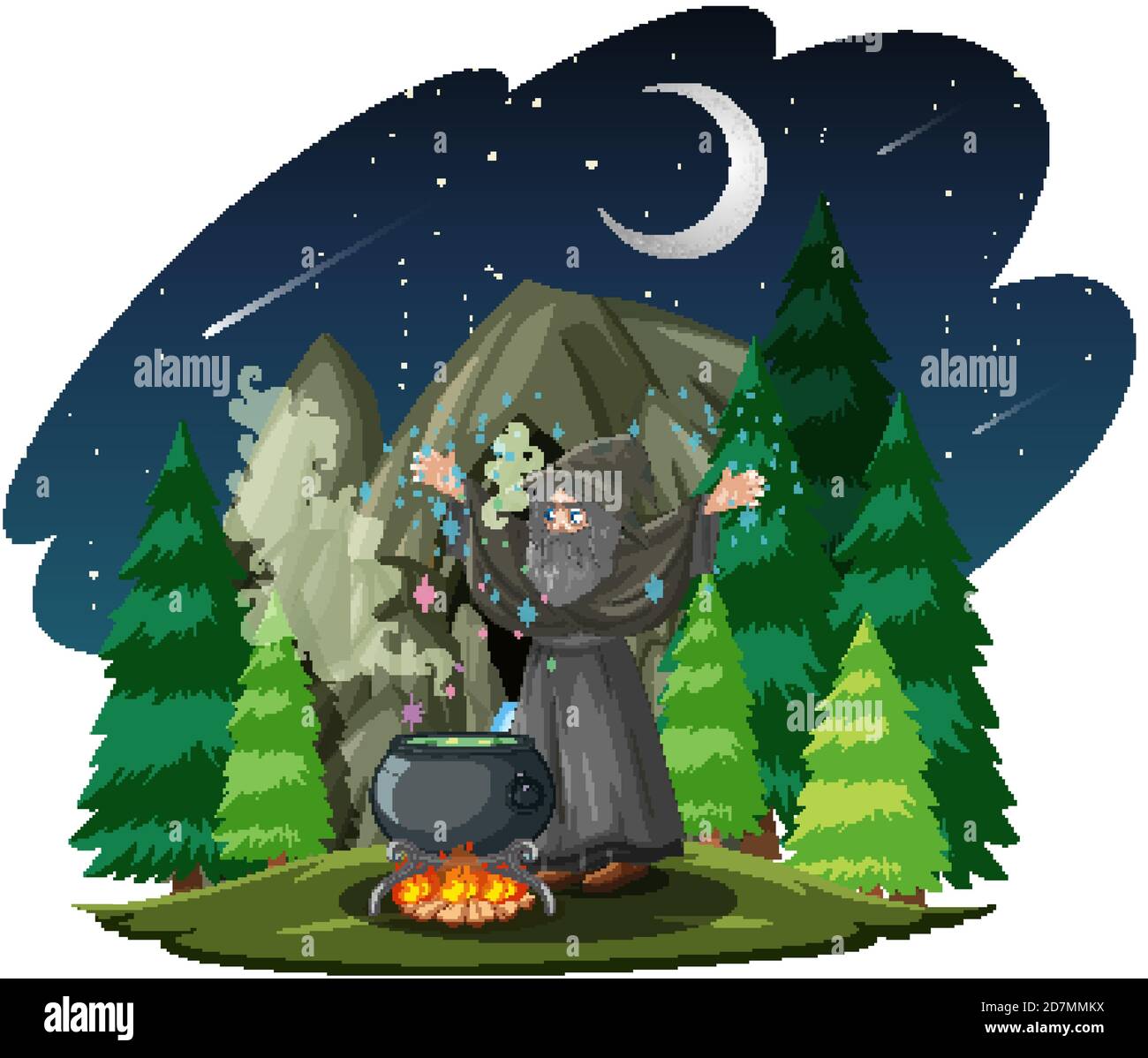 Old wizard with black magic pot in forest cartoon style isolated on ...