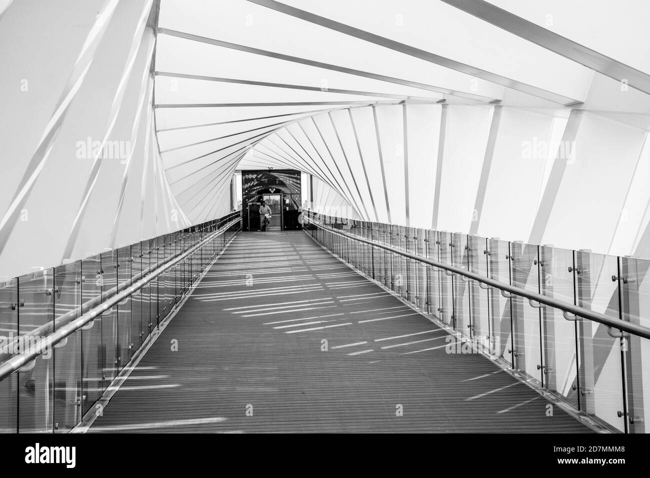 Inside of a pedestrian bridge known as a twisted bridge in Dubai. UAE ...