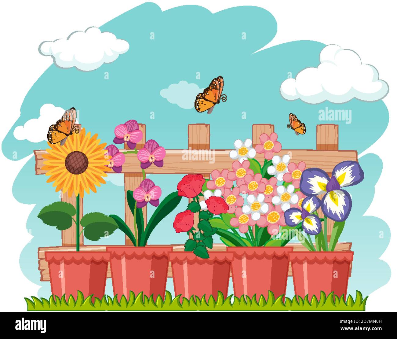 Simple flower in the pot with butterfly illustration Stock Vector Image ...