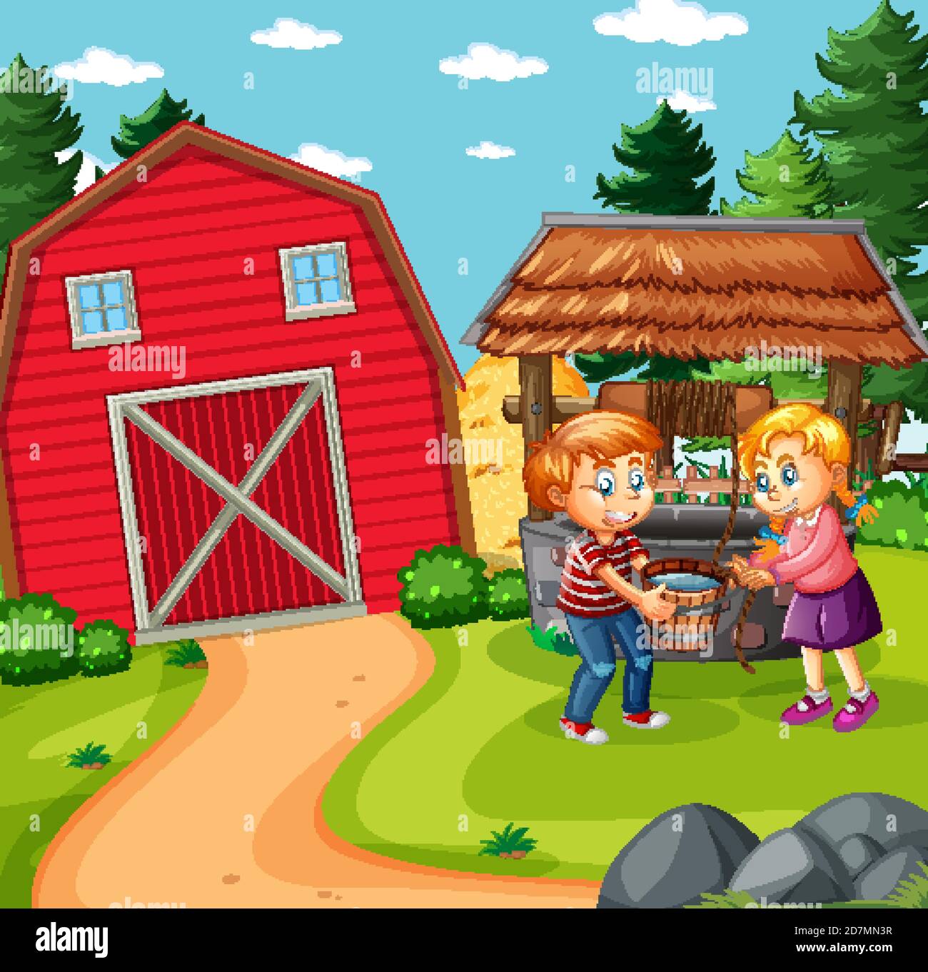Happy family in farm scene in cartoon style illustration Stock Vector ...