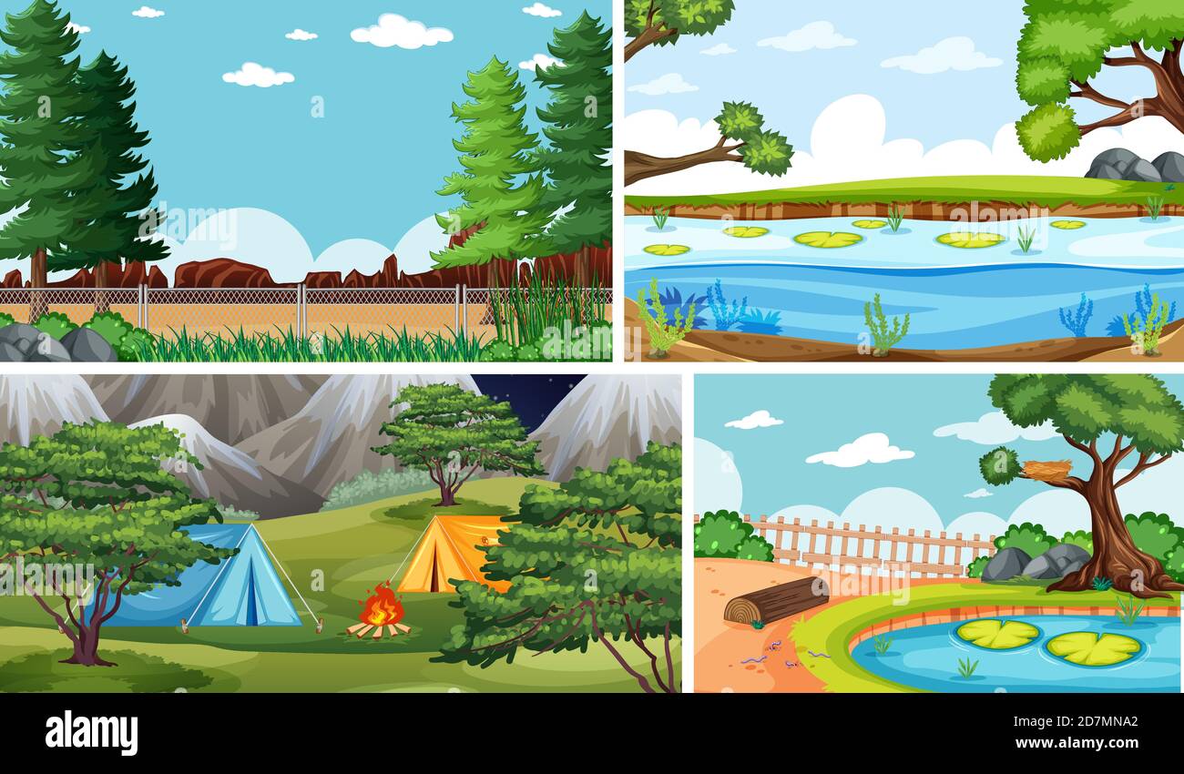 Four different scenes in nature setting cartoon style illustration ...