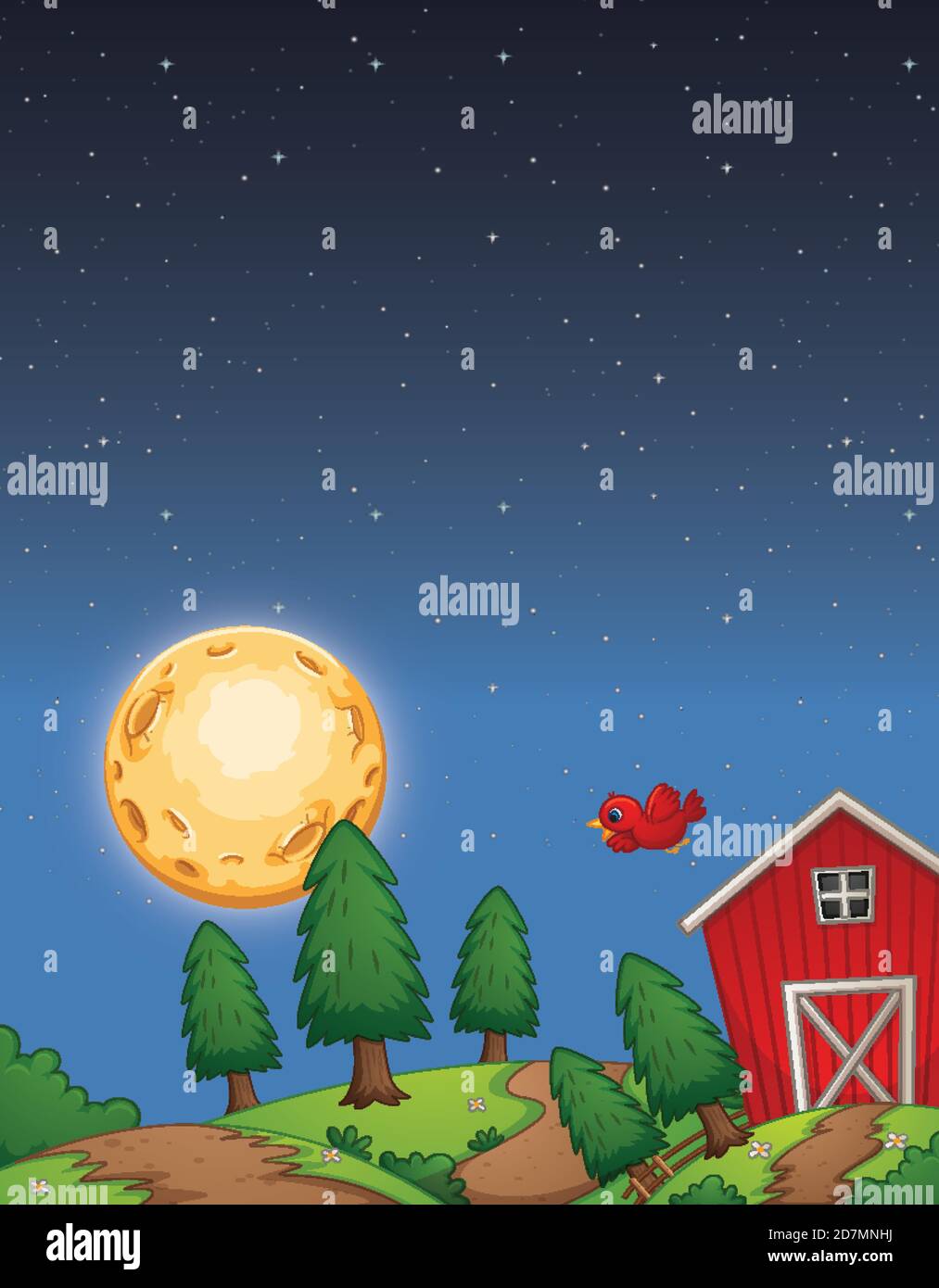 Red barn in the farm at night scene illustration Stock Vector Image ...