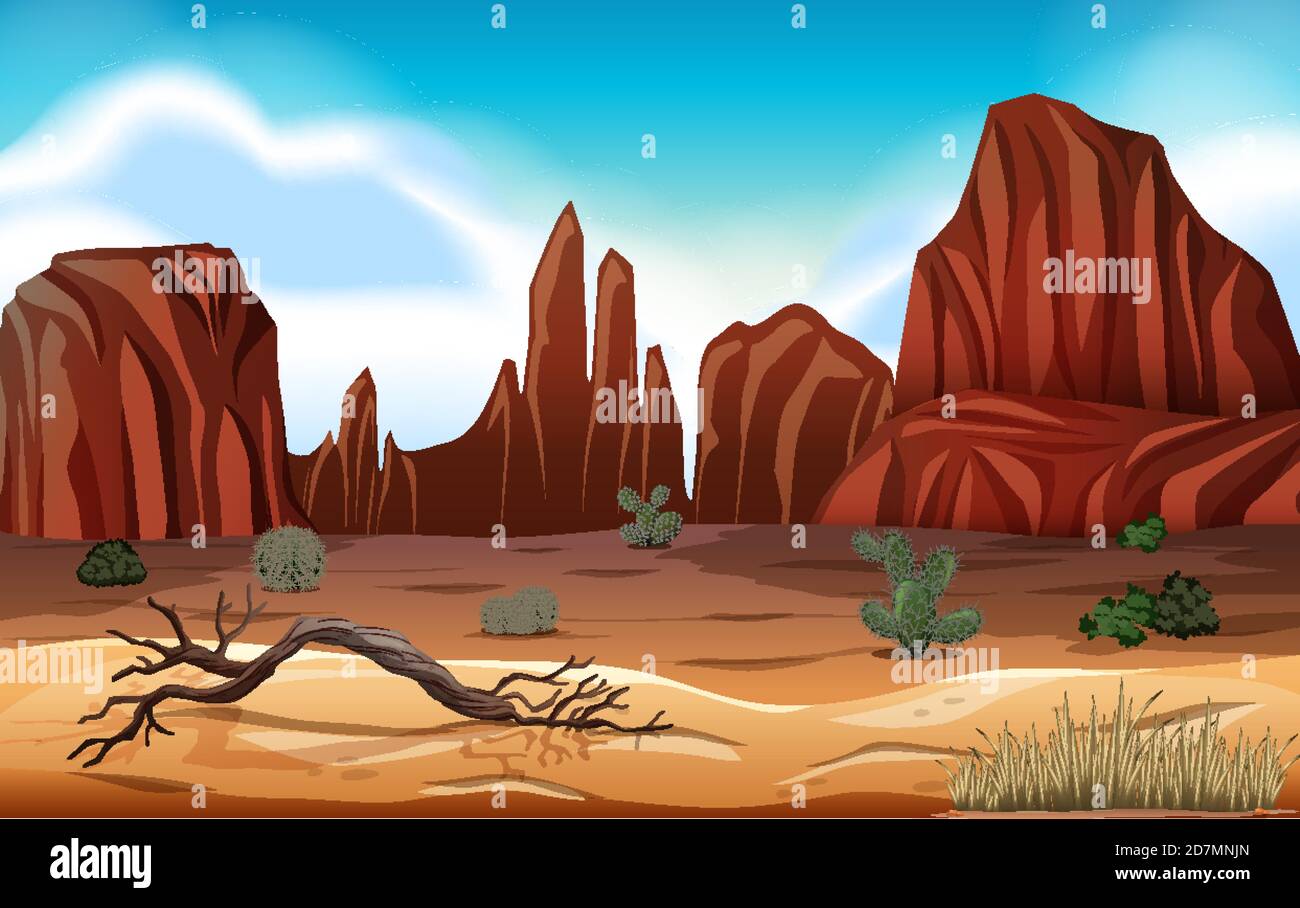 Desert with rock mountains landscape at day scene illustration Stock ...