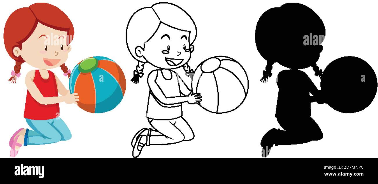 Girl holding colorful ball with its outline and silhouette illustration ...