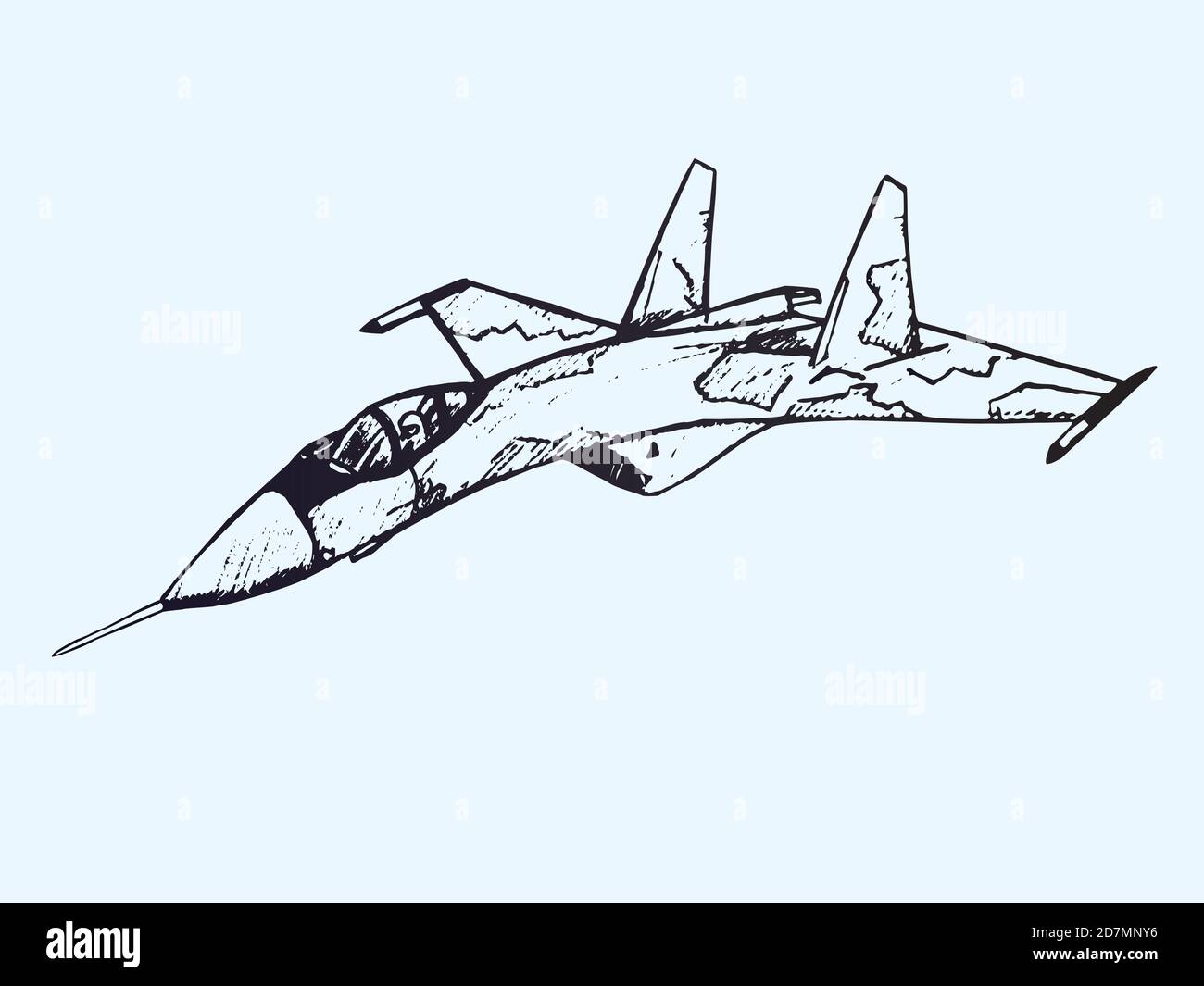 Military airplane Su, hand drawn doodle sketch, isolated outline ...