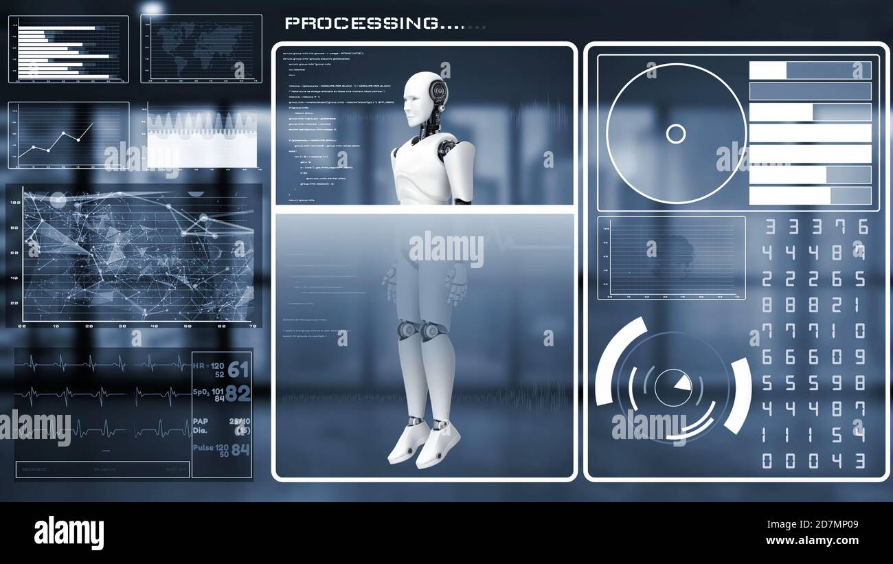 Futuristic robot, artificial intelligence CGI big data analytics and ...