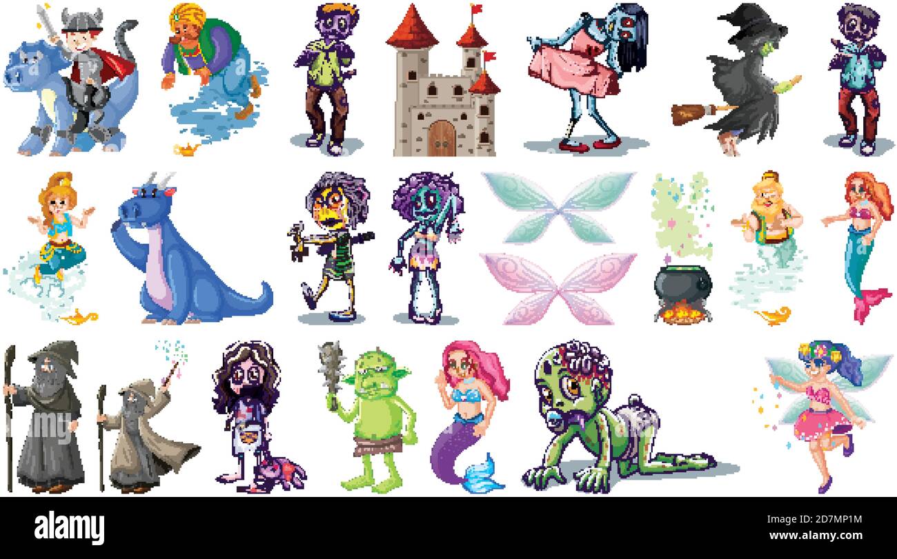 Set of fantasy cartoon characters and fantasy theme isolated on white ...