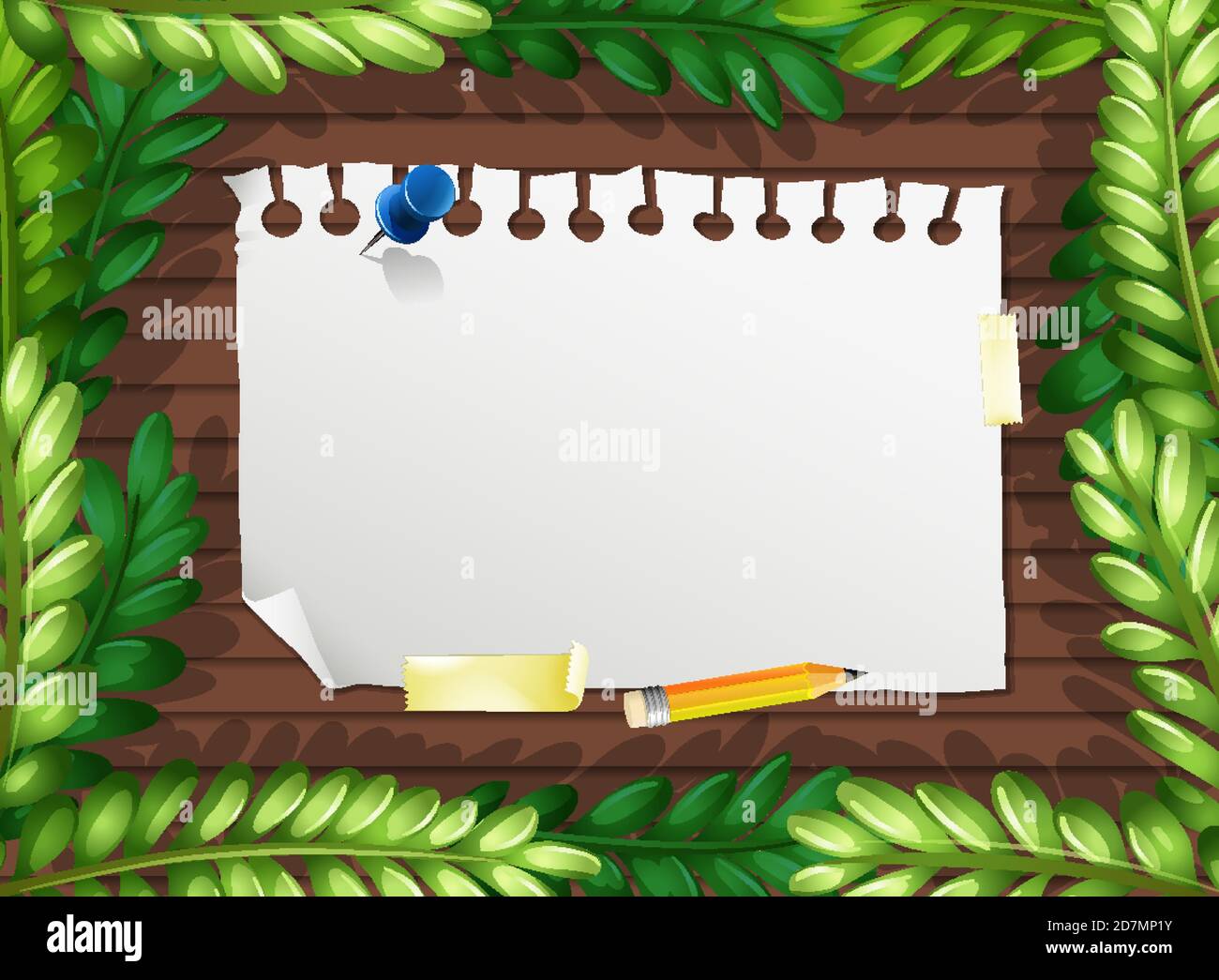 Top view of blank paper on table with leaves elements illustration ...