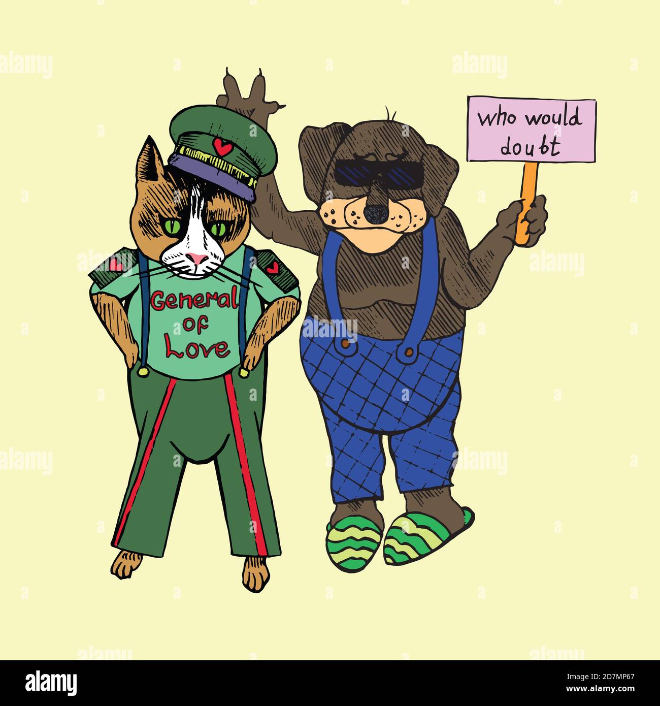 Cartoon character of funky cat in soviet military form with inscription ...