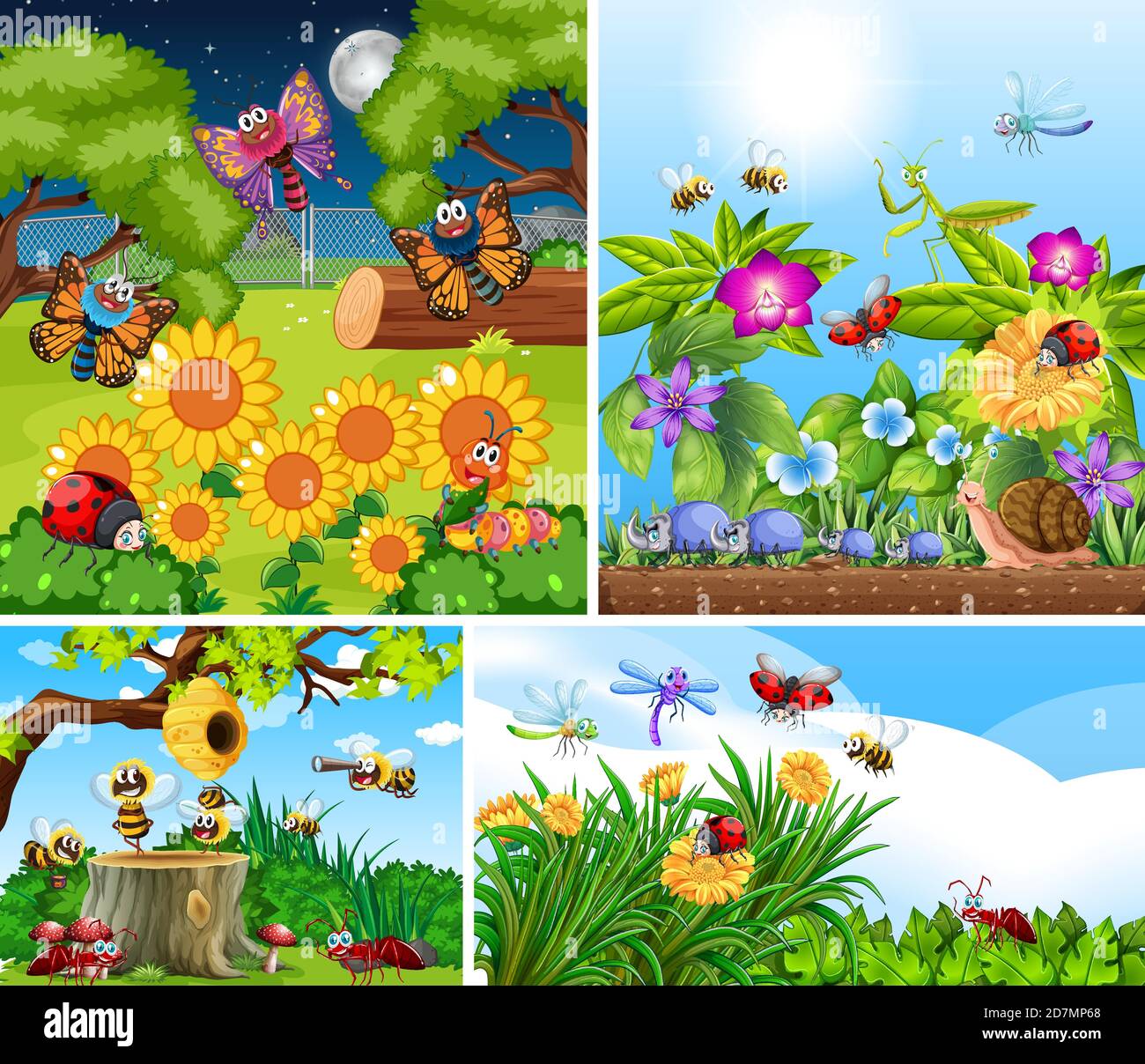 Set of different insects living in the garden background illustration ...