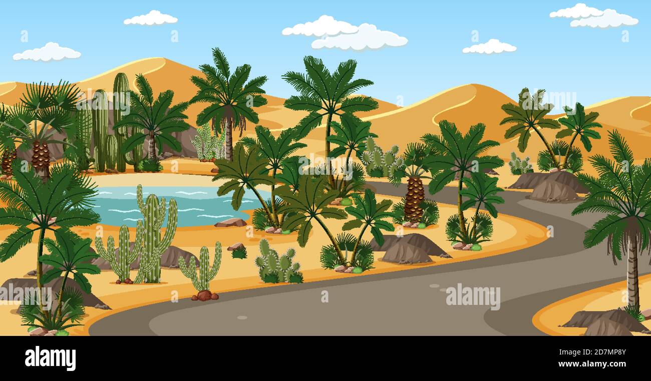 Desert oasis with palms and road nature landscape scene illustration ...