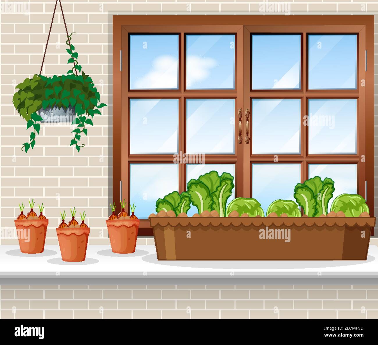 Vegetable plants with window background scene illustration Stock Vector ...