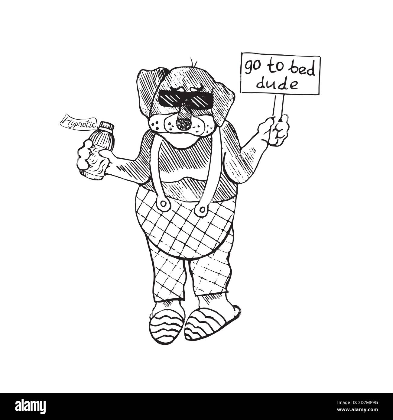 Cartoon character of funky dog clothed in overalls and slippers in ...