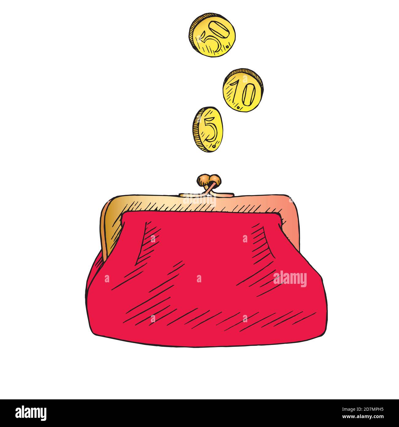 Red purse with golden coins pour into it, hand drawn doodle sketch ...