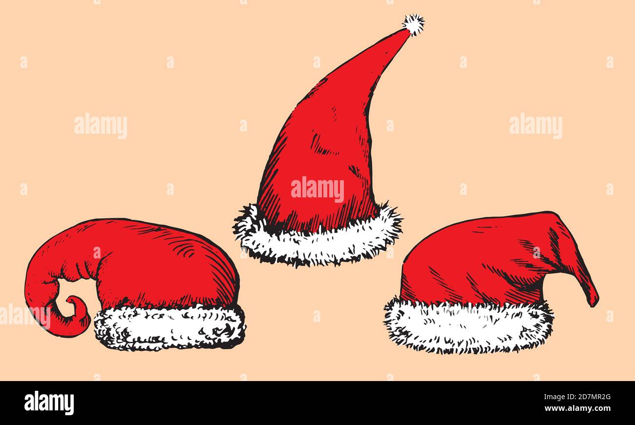 Santa`s hats set, hand drawn doodle sketch, isolated color illustration ...