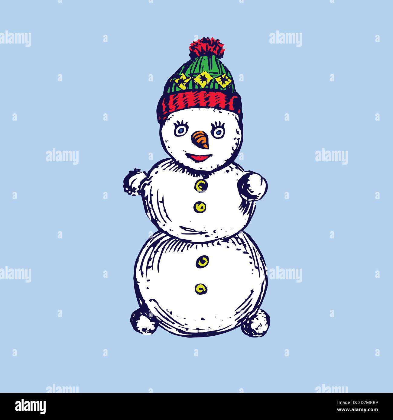 Snowman, hand drawn doodle sketch, isolated color illustration Stock ...
