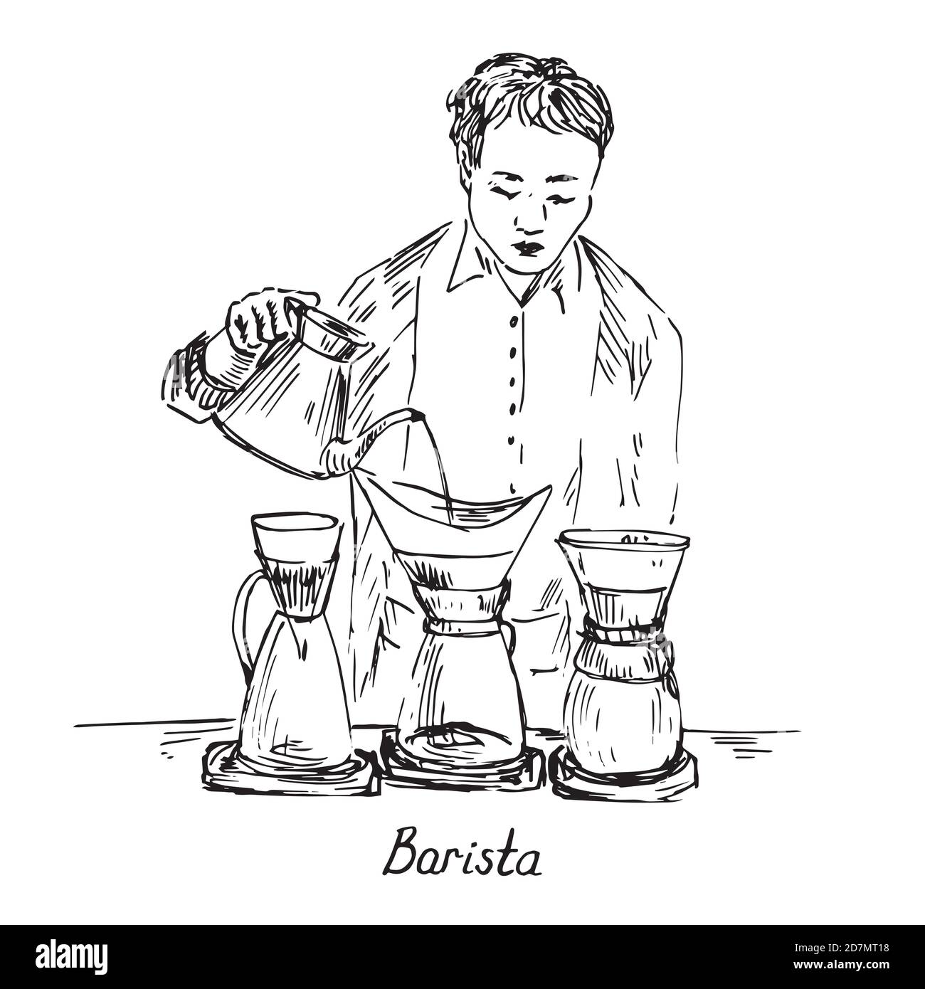 Barista at work, hand drawn doodle, sketch, black and white ...