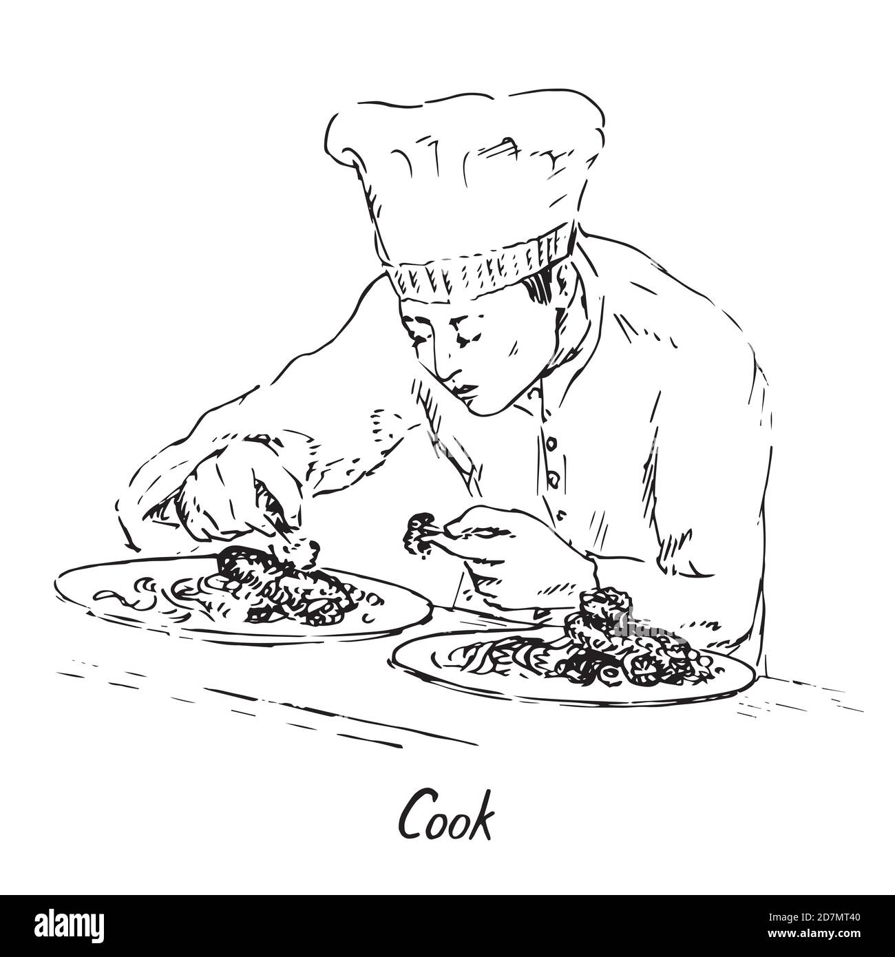 Cook at work, decorate with greens steak, hand drawn doodle, sketch ...