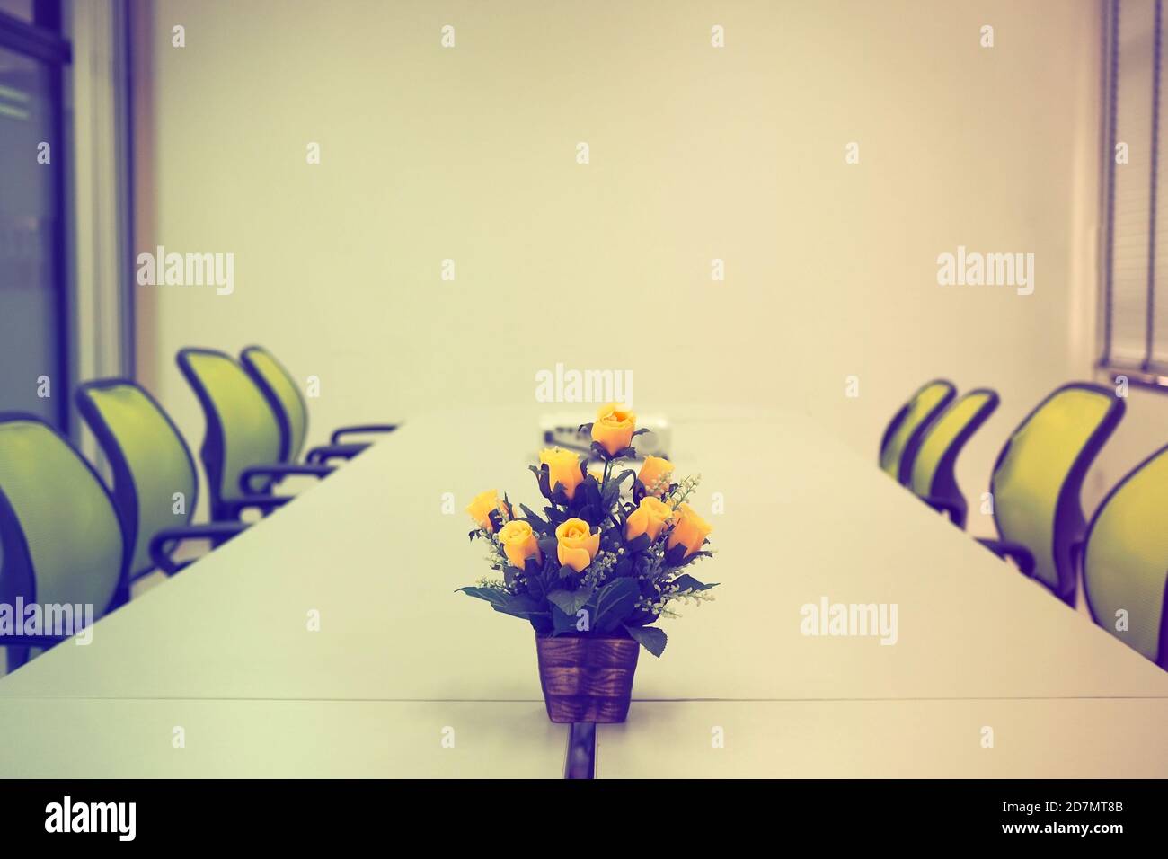 Empty meeting room with a plastic flower placed at the center of the ...
