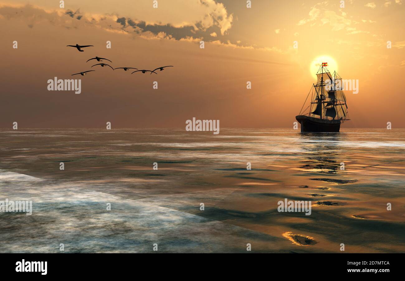 A Spanish Brig Out At Sea Stock Photo - Alamy
