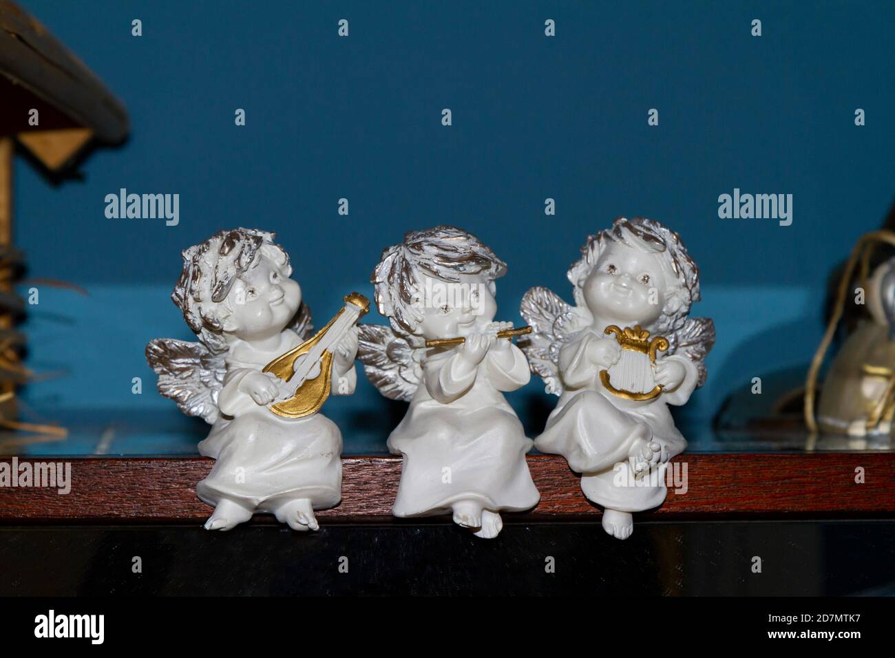 Christmas angels, three ceramic ornaments, playing gold musical ...