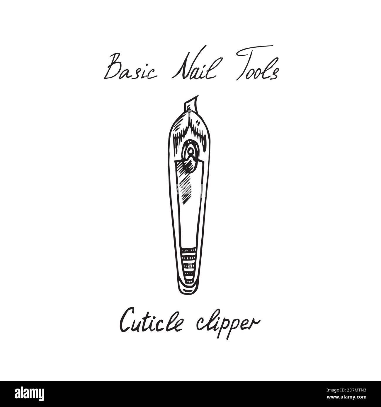 Basic nail tools, cuticle clipper, hand drawn doodle sketch with ...