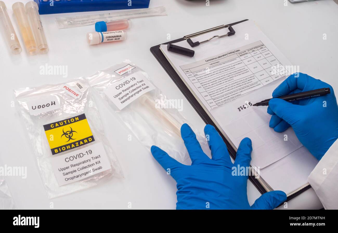 Nurse comparing positive covid-19 test results of infected persons ...