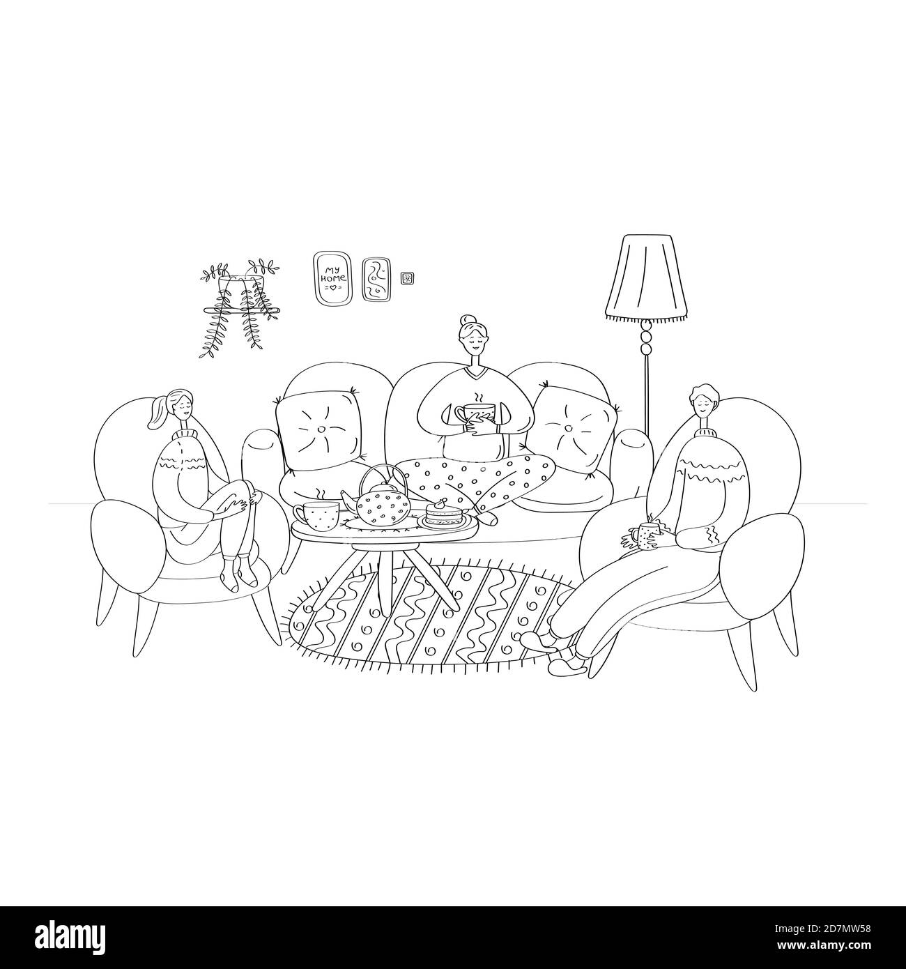 Family drink tea coffee together. Have a nice weekend with friends ...