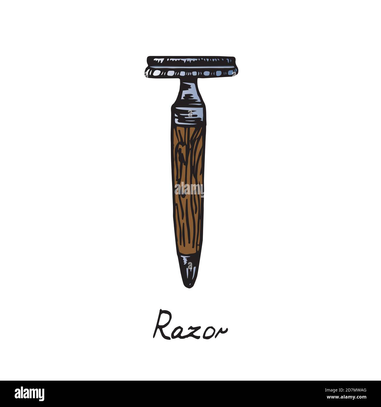 Razor with wooden holder, hand drawn doodle sketch with inscription ...
