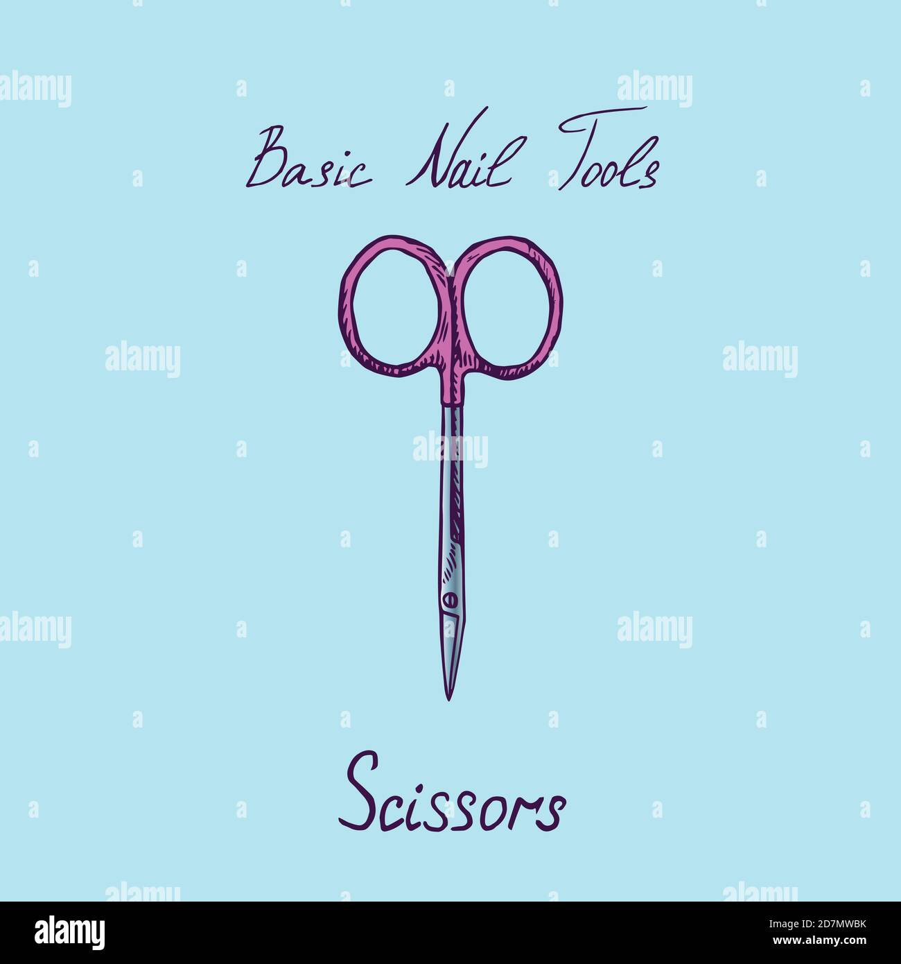 Basic nail tools, scissors, hand drawn doodle sketch with inscription ...