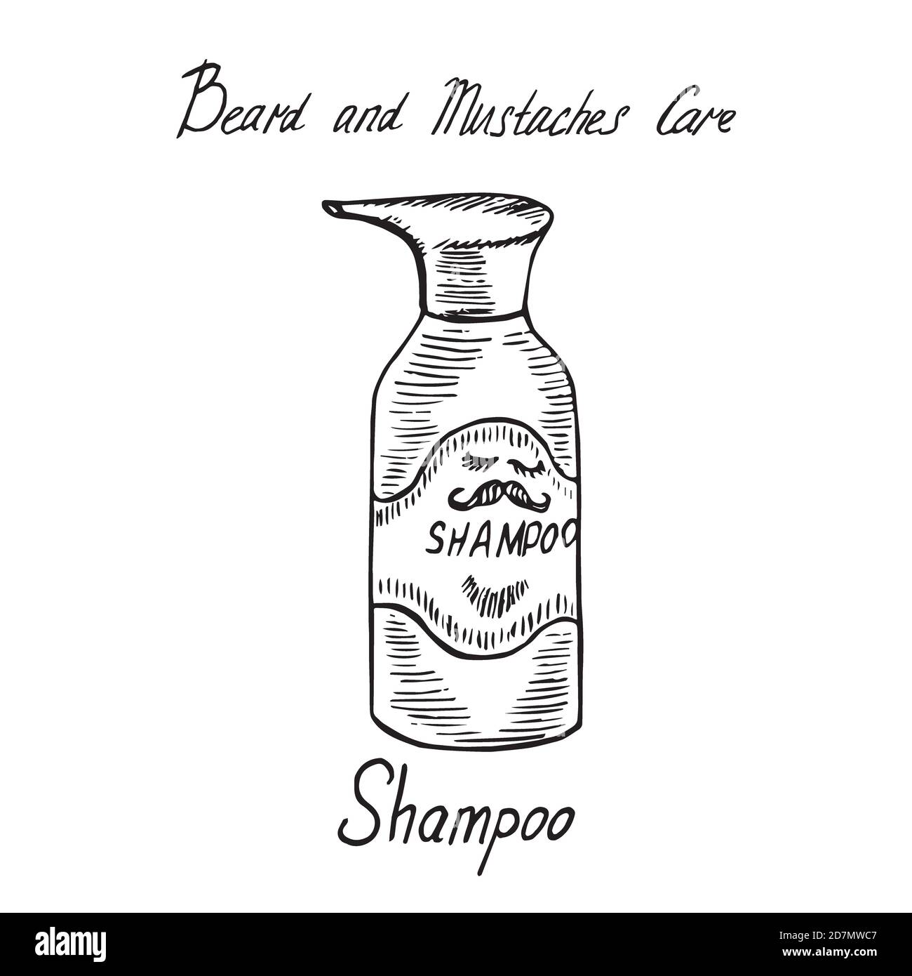 Beard and mustaches care shampoo bottle with inscription, hand drawn ...