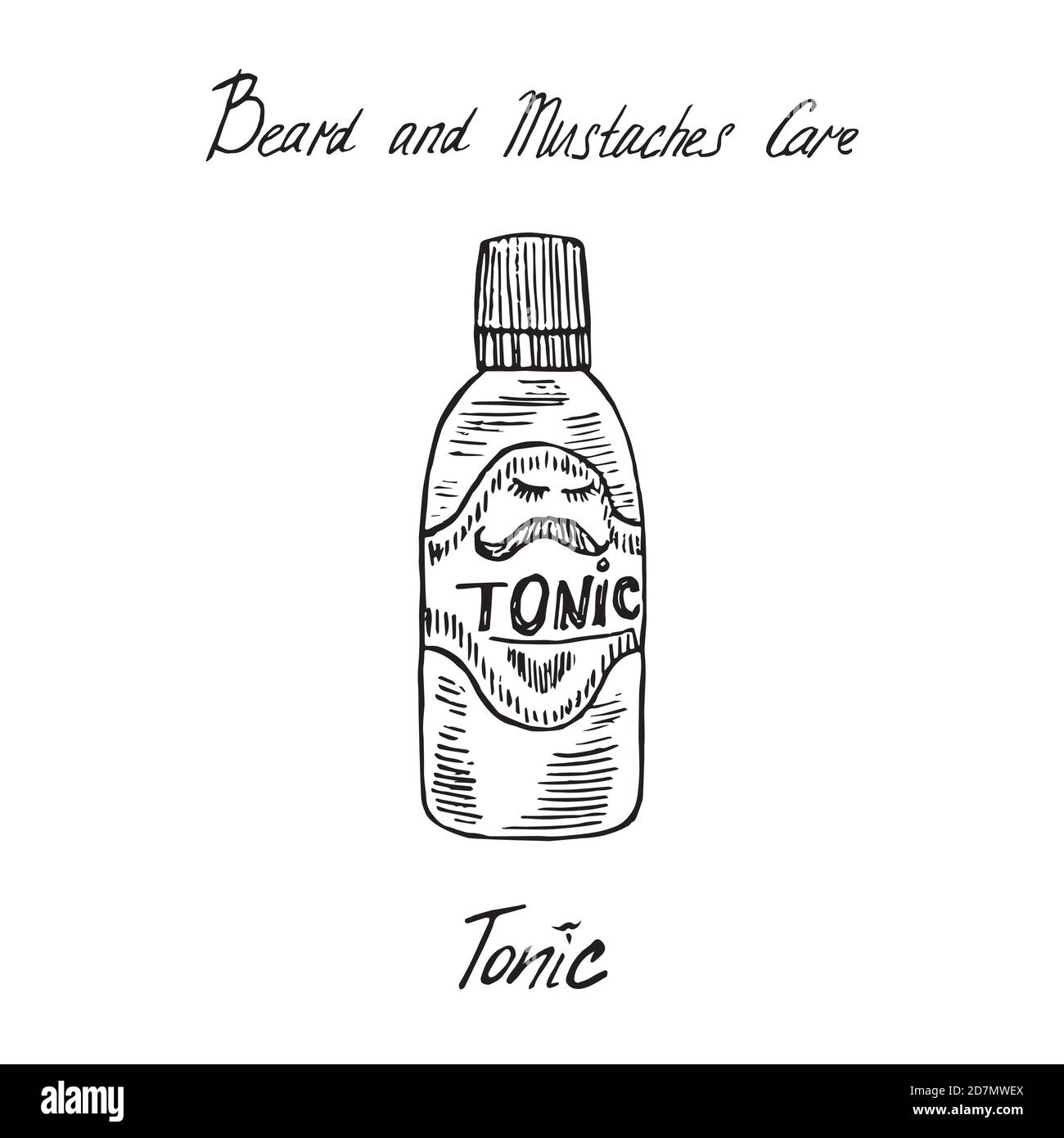 Beard and mustaches care tonic bottle with inscription, hand drawn ...