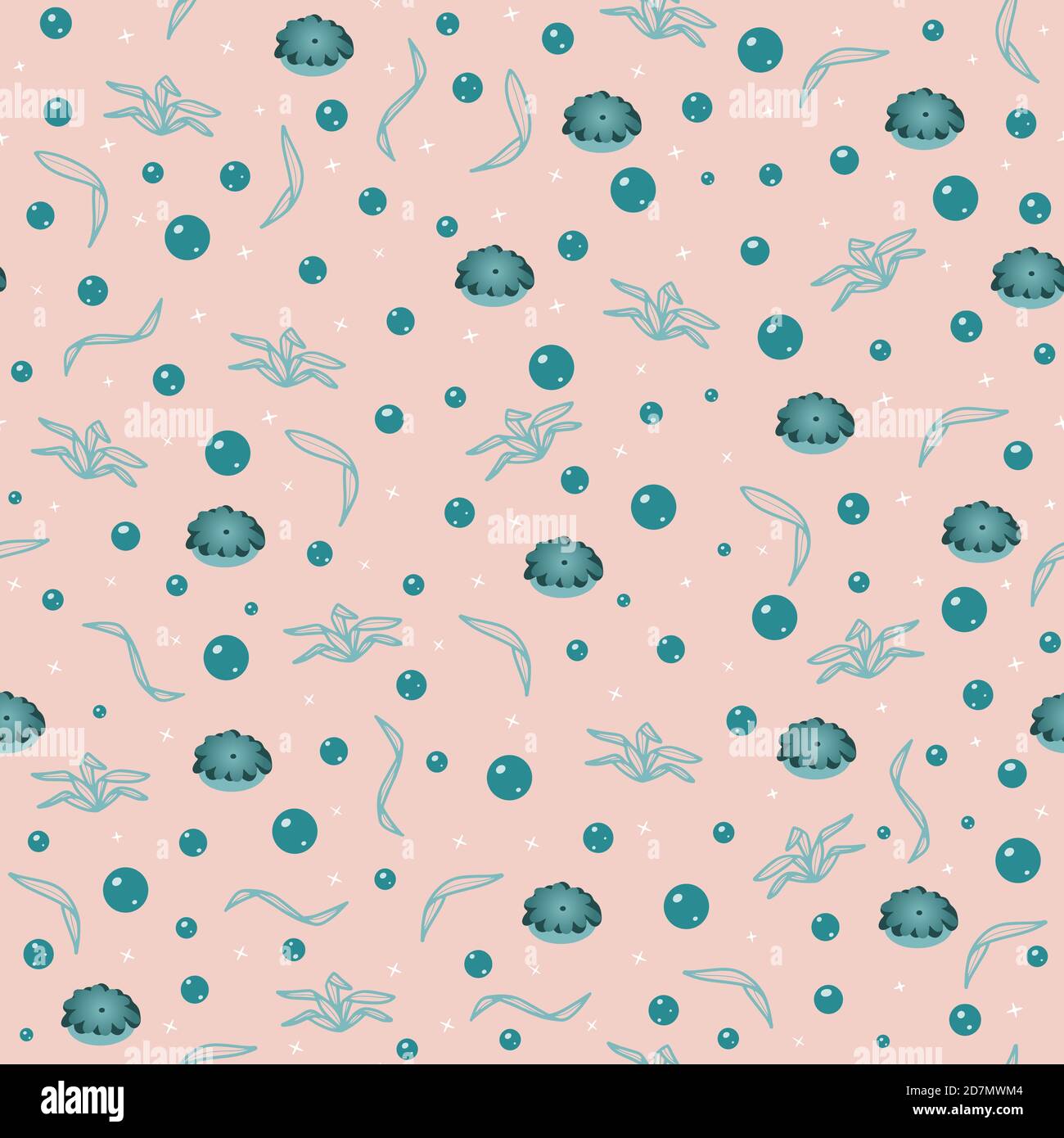 Sea seamless pattern with water bubbles and seaweed with pink ...