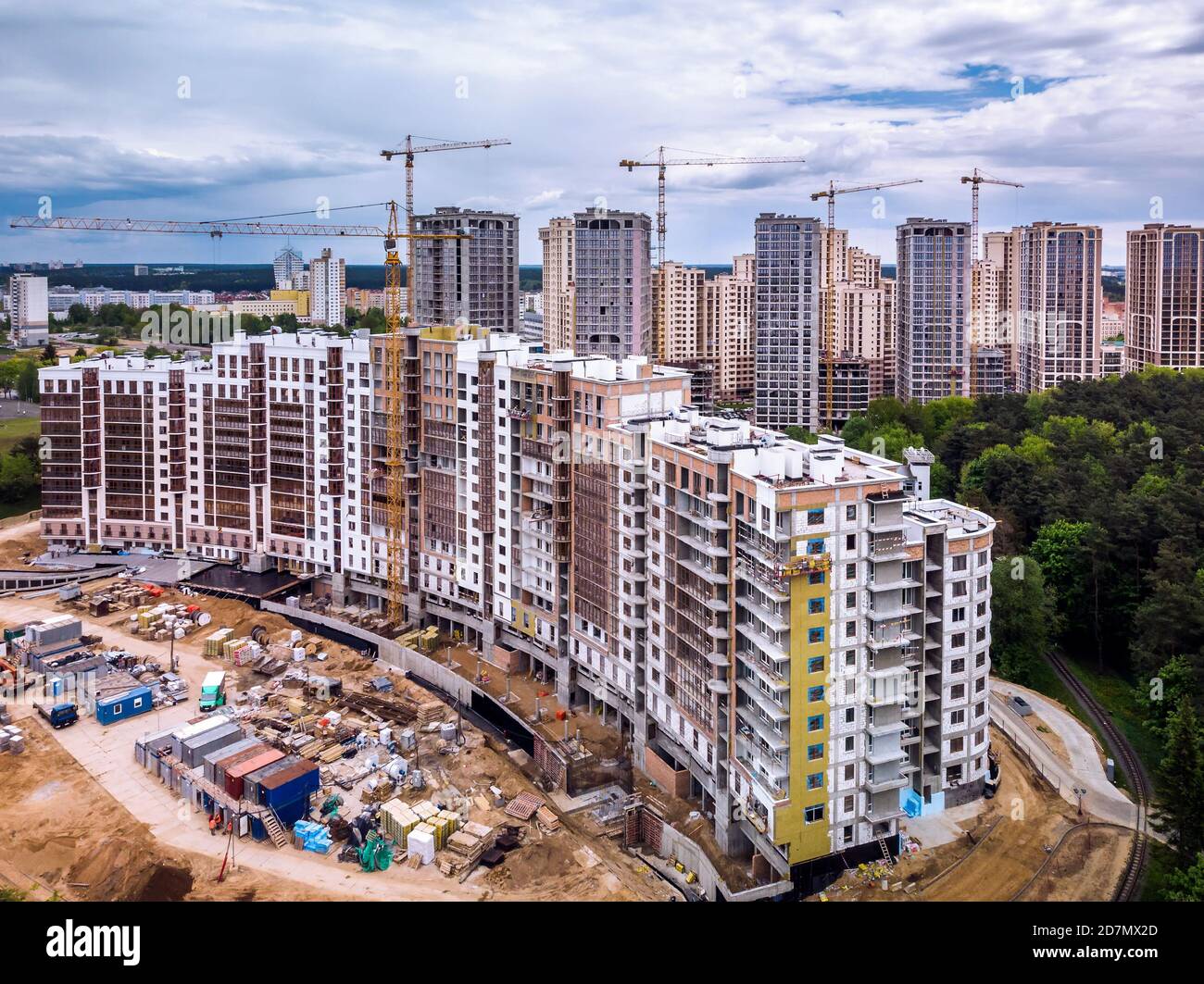 Busy Construction Site And Construction Equipment And Cranes. Aerial ...